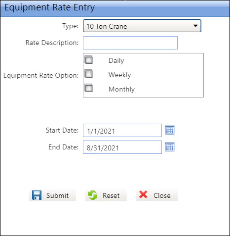 Rental Equipment Rates